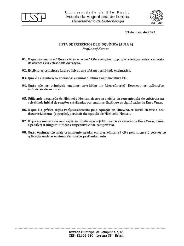 Lista 4 - Bioquímica | PDF