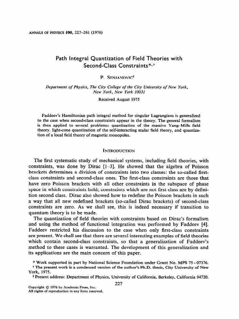 P. Senjanovic Canonical Quantization of Theories With Second Class Constraints | PDF ...