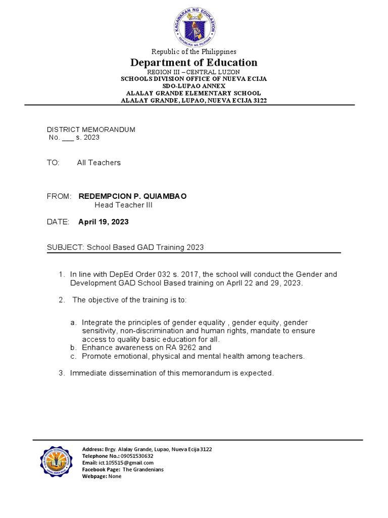 GAD SCHOOL MEMO Training Matrix Attendance Pictures Program Etc | PDF