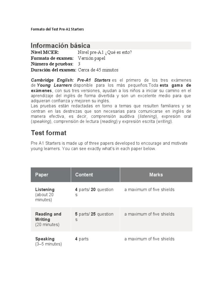 Formato Del Test Pre A1 Starters | PDF | Idiomas del Reino Unido