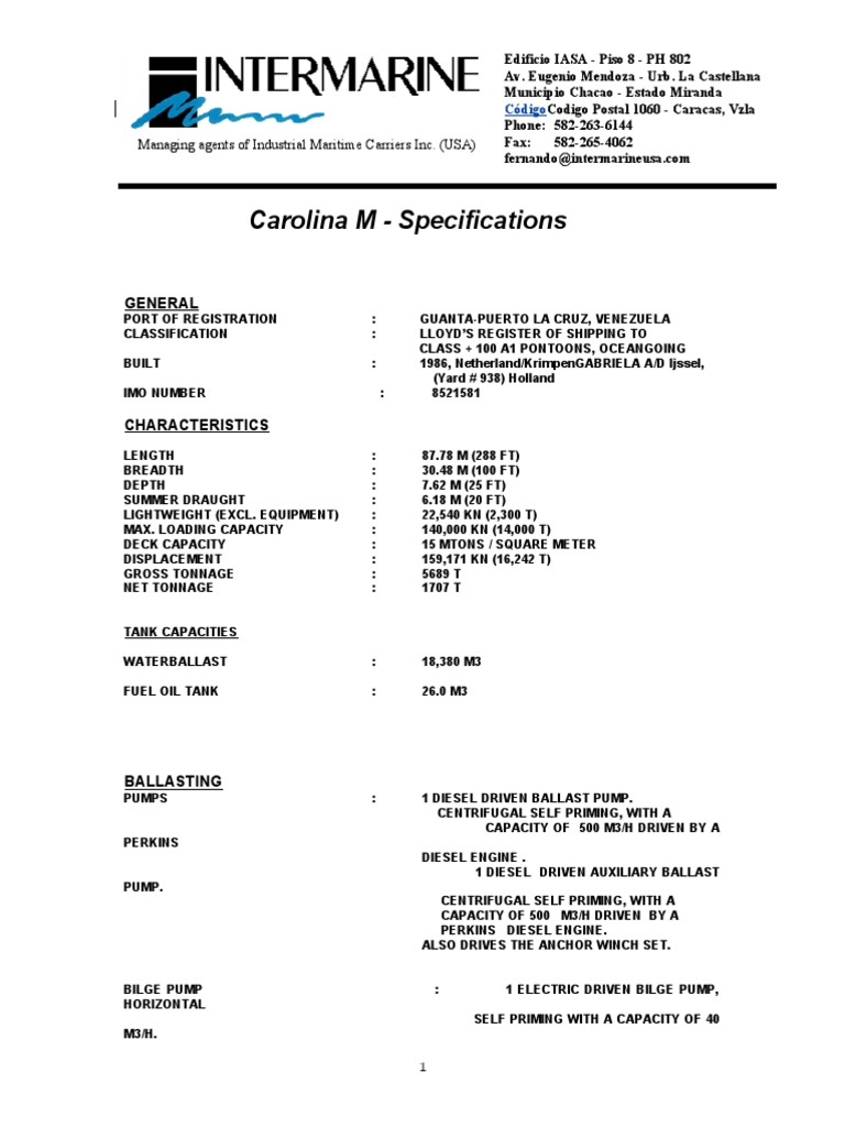 Carolina M - Description and Specifications | PDF | Anchor | Shipping
