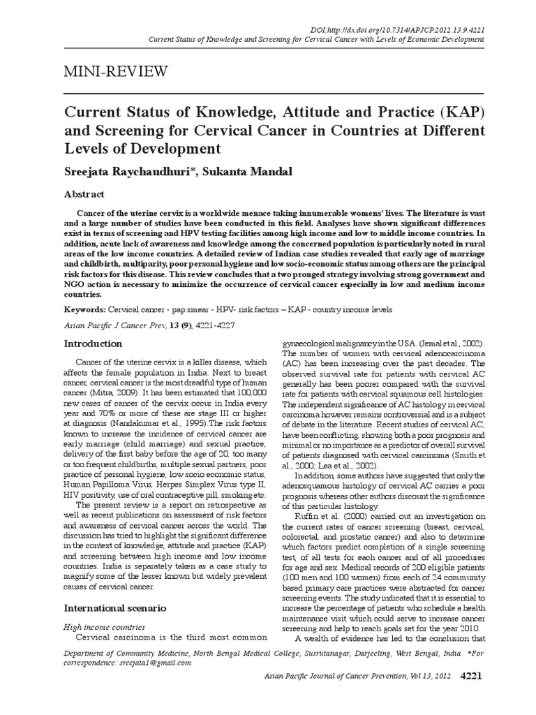 Current Status of Knowledge, Attitude and Practice (KAP) and Screening For Cervical Cancer in ...