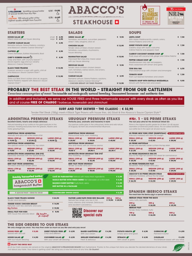 ABACCOS-STEAKHOUSE-Menu-S-KM-Spezial | PDF | Salad | Steak