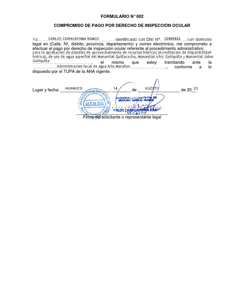 FORMULARIO 002 - Compromiso de Pago Por Derecho de Inspección Ocular | PDF