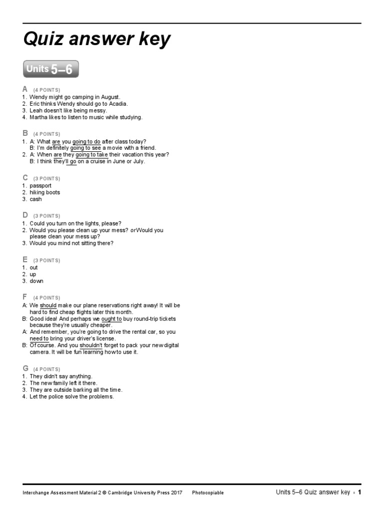 Quiz Units 5-6 Key | PDF