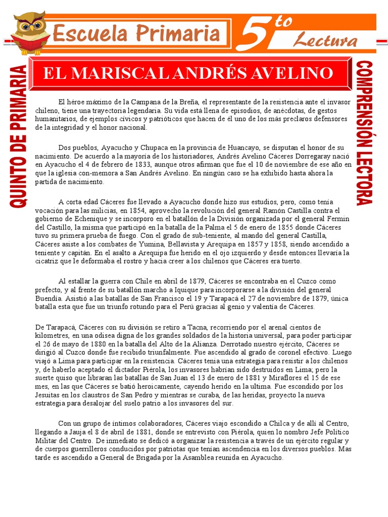 El Mariscal Don Andres Avelino Cáceres para Quinto Grado de Primaria ...