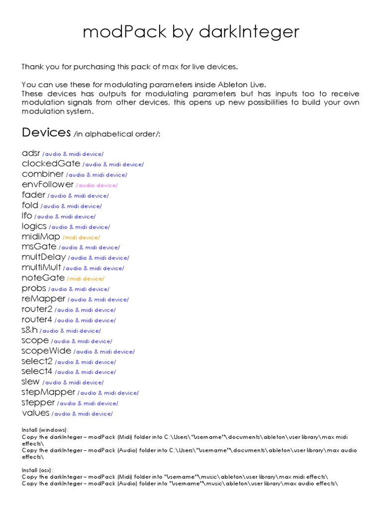 modPack by darkInteger User Manual (ver 1.0) | PDF | Phase (Waves) | Signal Processing