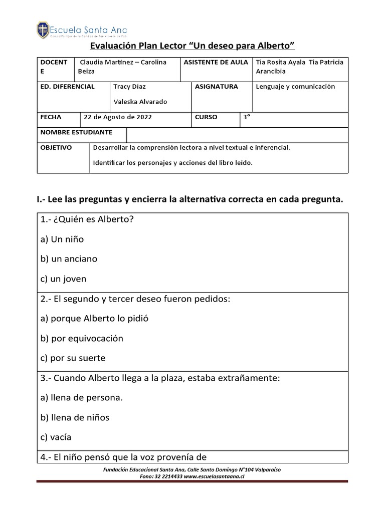Evaluación un deseo para alberto | PDF