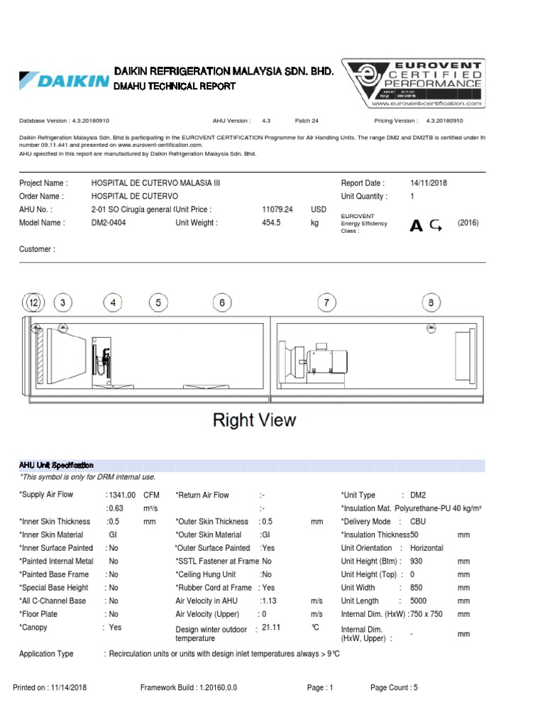 Daikin AHU Certification Report | PDF | Pipe (Fluid Conveyance) | Electric Motor