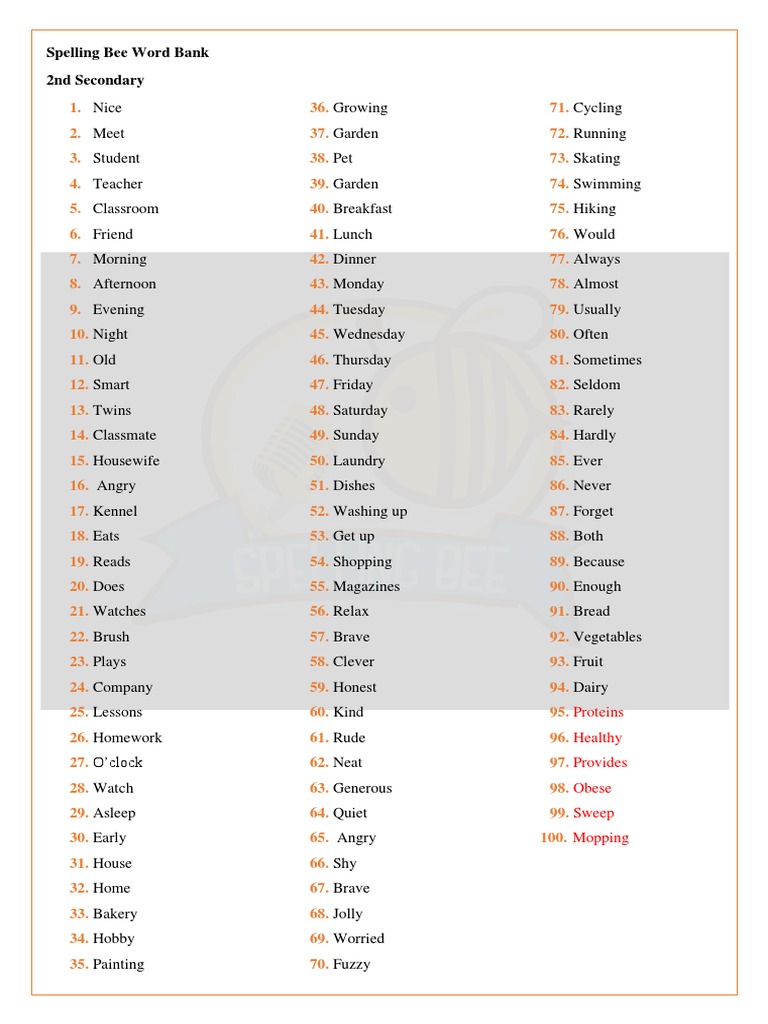 Spelling Bee Word Bank 2nd Sec | PDF