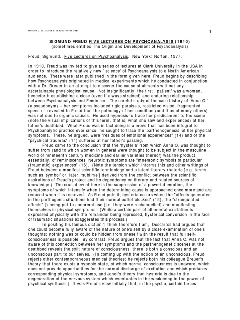 Sigmund Freud Five Lectures On Psychoanalysis 1910 Sometimes Entitled ...