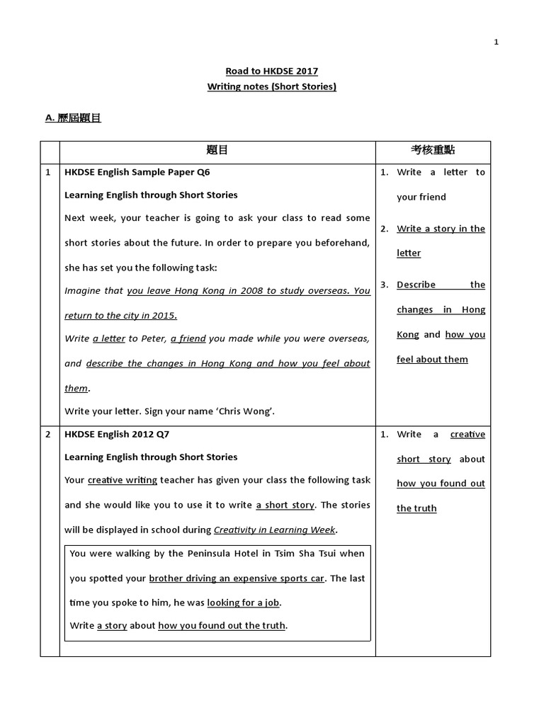 HKDSE 2017 Short Story Writing Guide | PDF