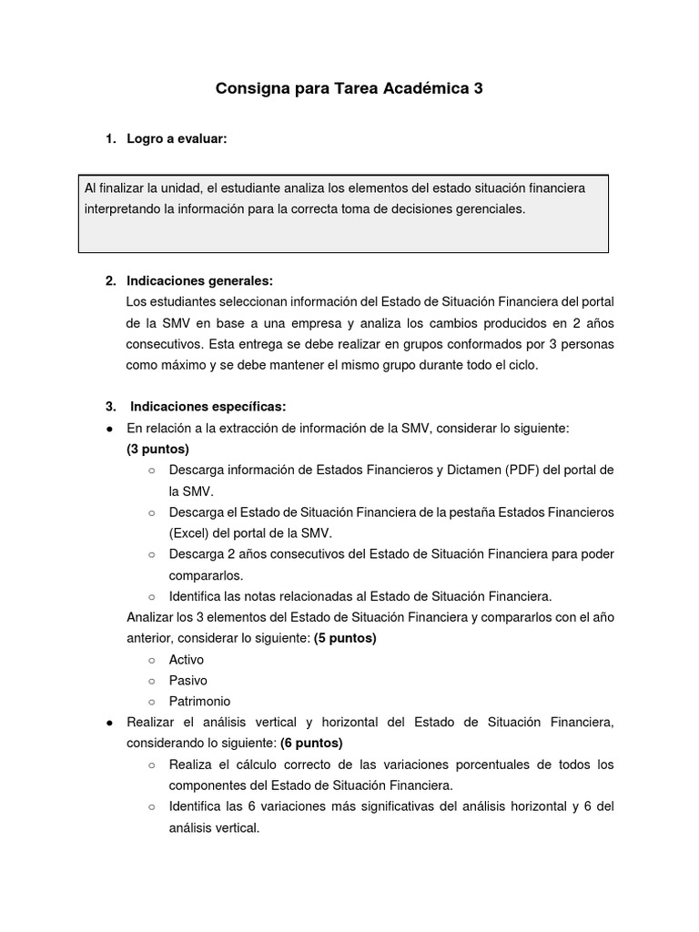 Consigna Tarea Académica 3 | PDF | Estado financiero