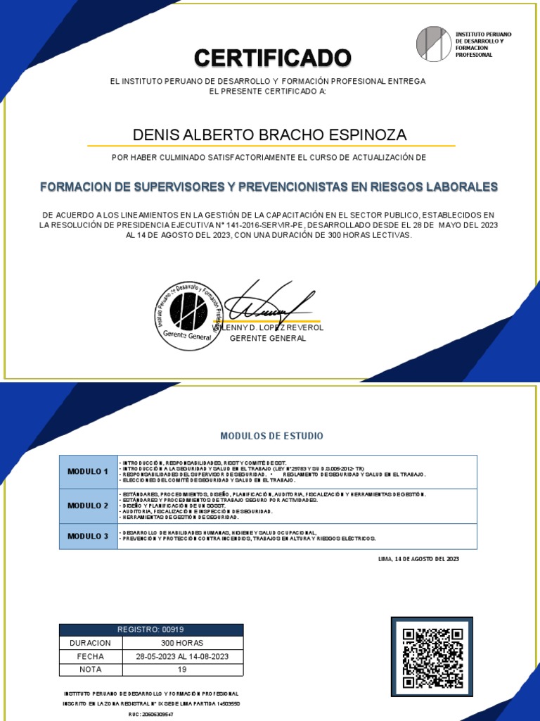 Certificado Supervisor y Prevencionistas en Riesgos Laborales | PDF ...