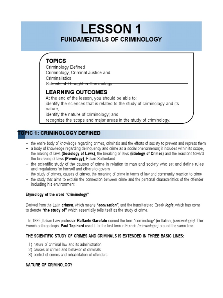 Lesson 1 Fundamentals of Criminology | PDF | Id | Criminology Lesson 1 Fundamentals of Criminology | PDF | Id | Criminology