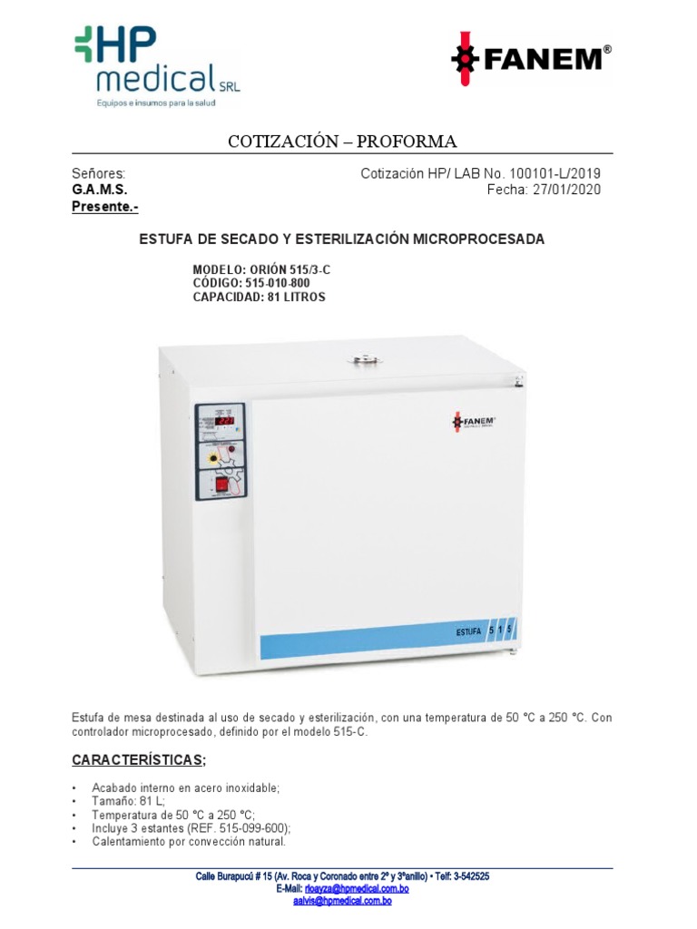 Estufa de Secado y Esterilización Orion 515c de 81 Ltrs. Fanem | PDF