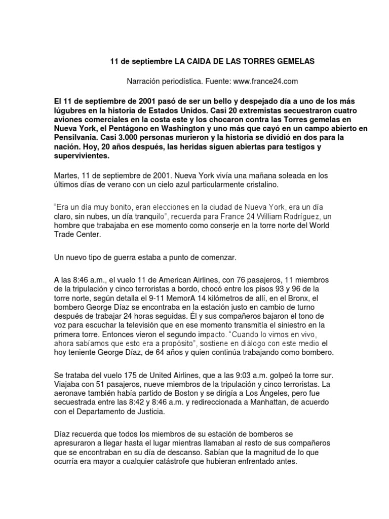 11 de Septiembre LA CAIDA DE LAS TORRES GEMELAS | PDF | Ataques del 11 ...