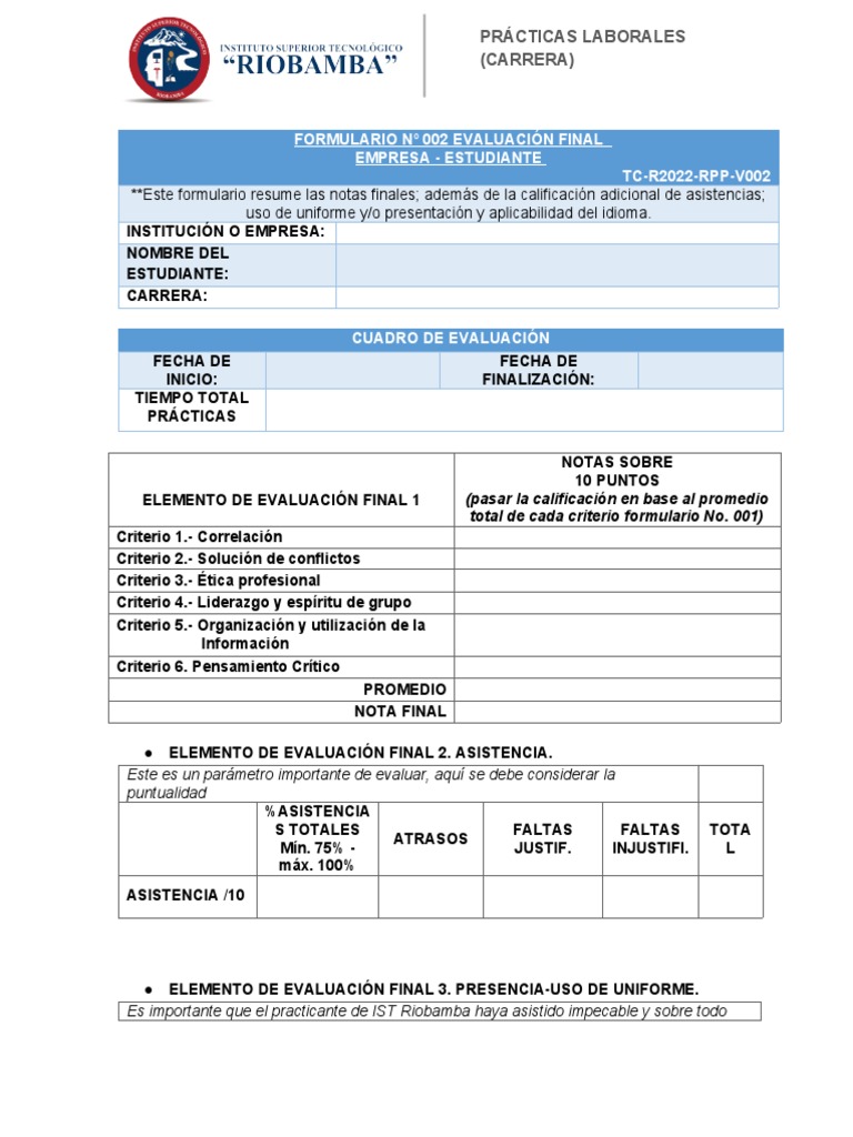 Reconocimiento Practicas - Formulario Evaluacion Final Empresa - Estudiante | PDF