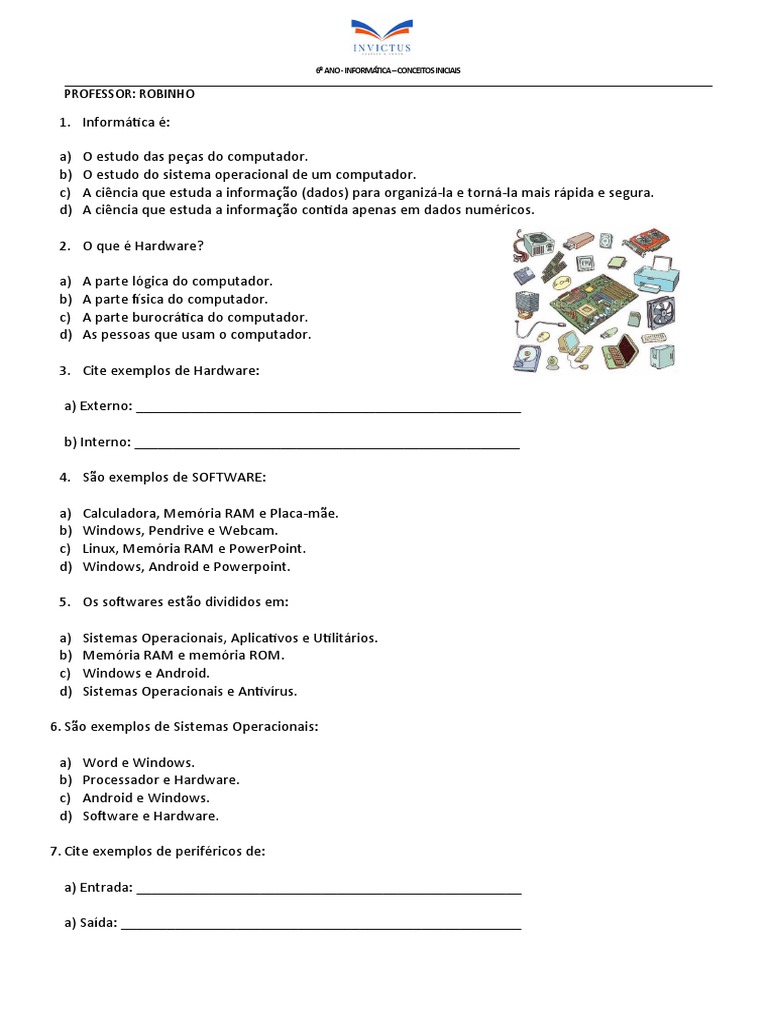 6º Ano - Lista Conceitos de Informática | PDF | Hardware de computador ...