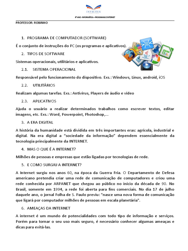 6º Ano - Informática - Programas e Internet | PDF | Internet | Vírus de computador