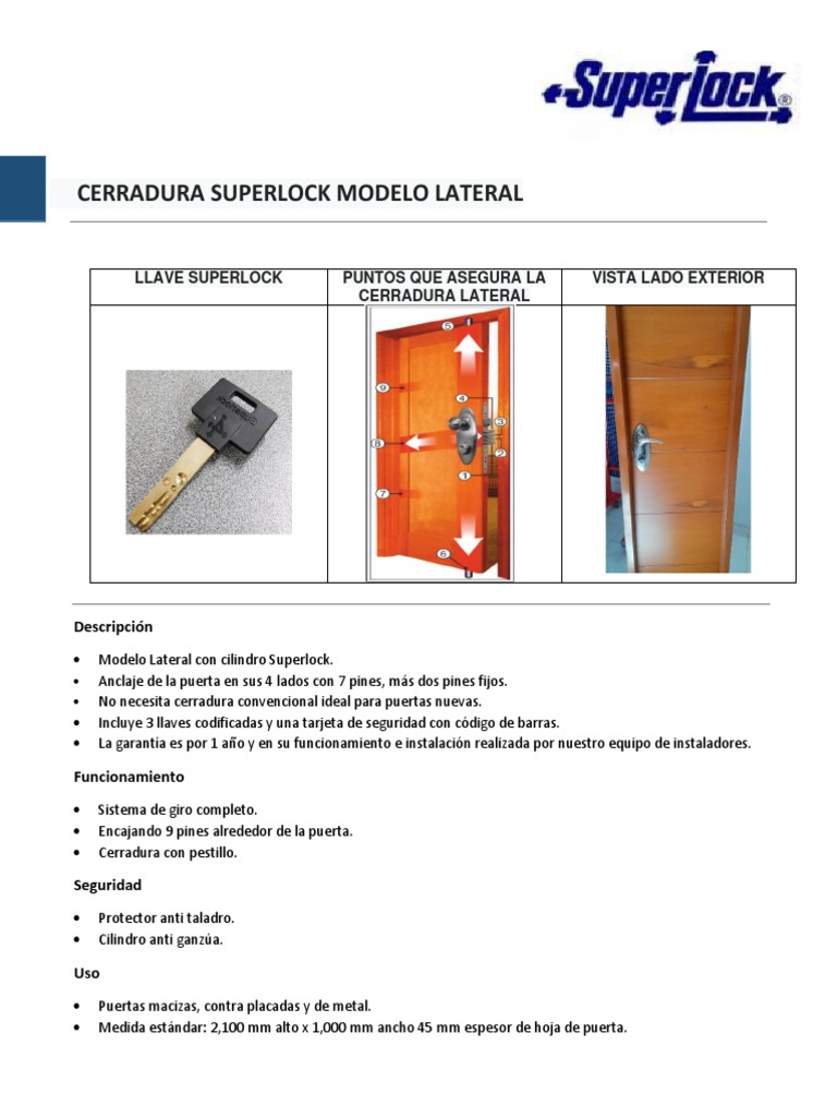 Ficha Tecnica Cerradura Modelo Lateral Con Cilindro Superlock | PDF
