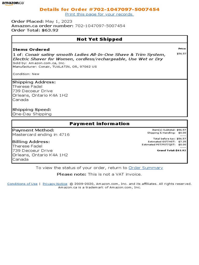 Amazon - Ca - Order 702-1047097-5007454 | PDF