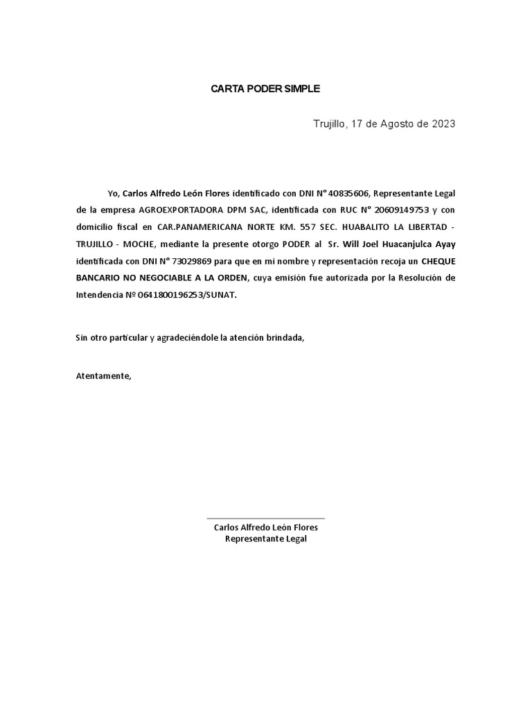 Carta Poder-Recojo Cheque Sunat-Dpm | PDF