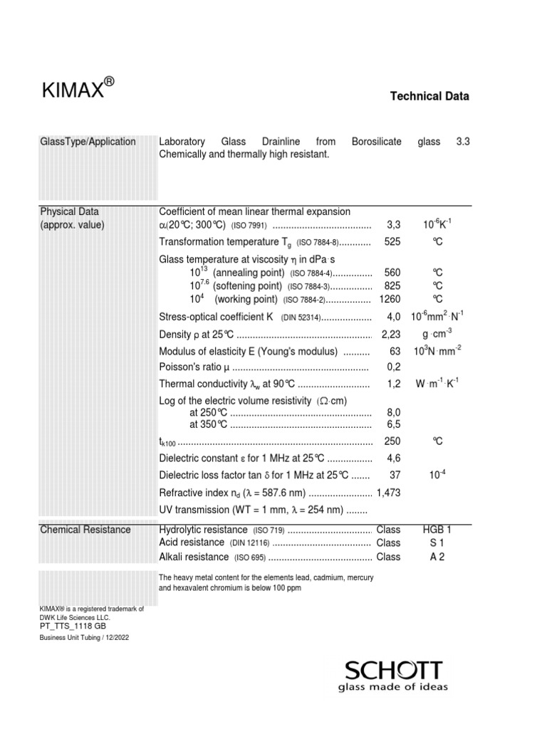 Technical Data Sheet KIMAX® (Without Chemie) | PDF