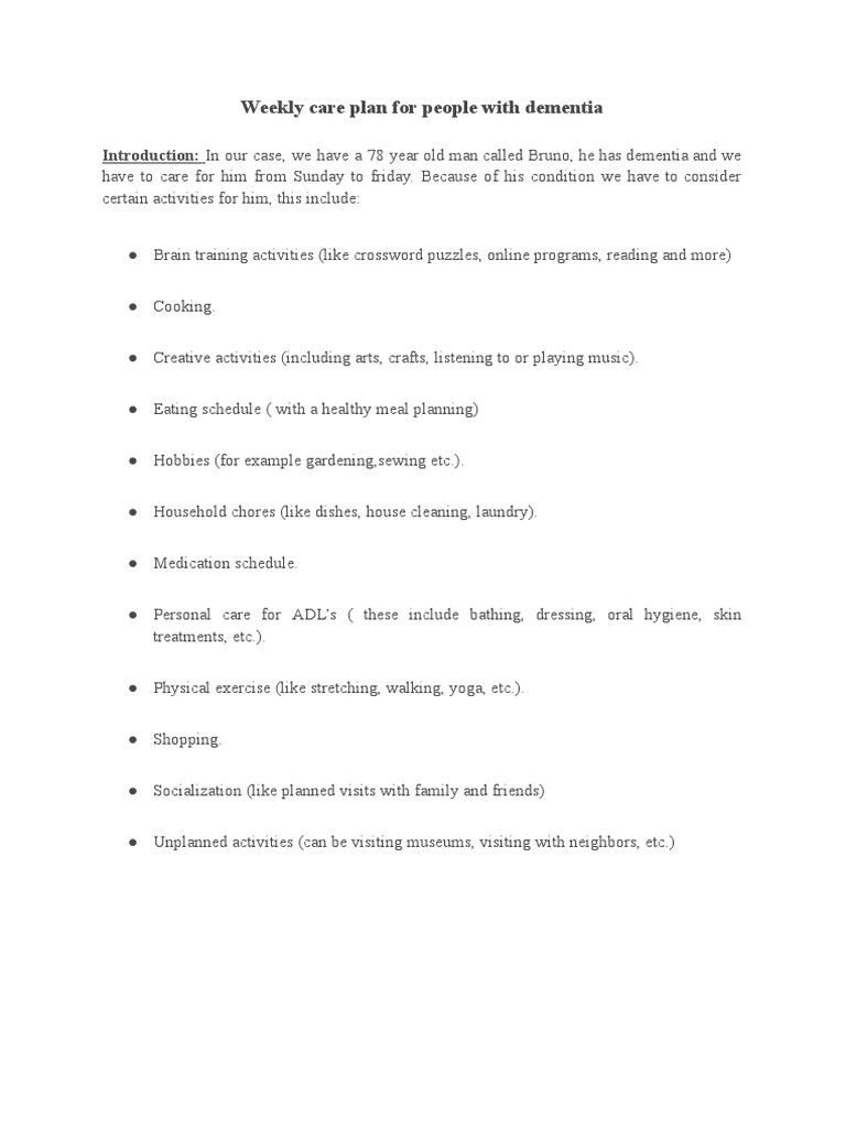 Weekly Care Plan For People With Dementia | PDF | Dementia | Clinical ...