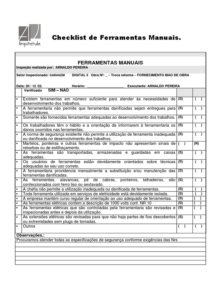 2 Check List Ferramentas Manuais | PDF