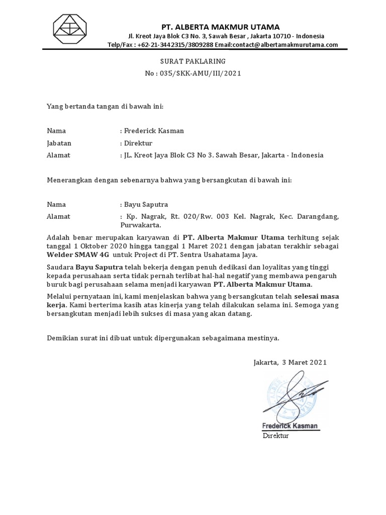 Contoh Surat Paklaring | PDF