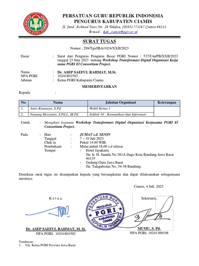 Surtug Workshop Transformasi Digital Organisasi PGRI (7 - 10 Juli 2023 Di Bandung) | PDF