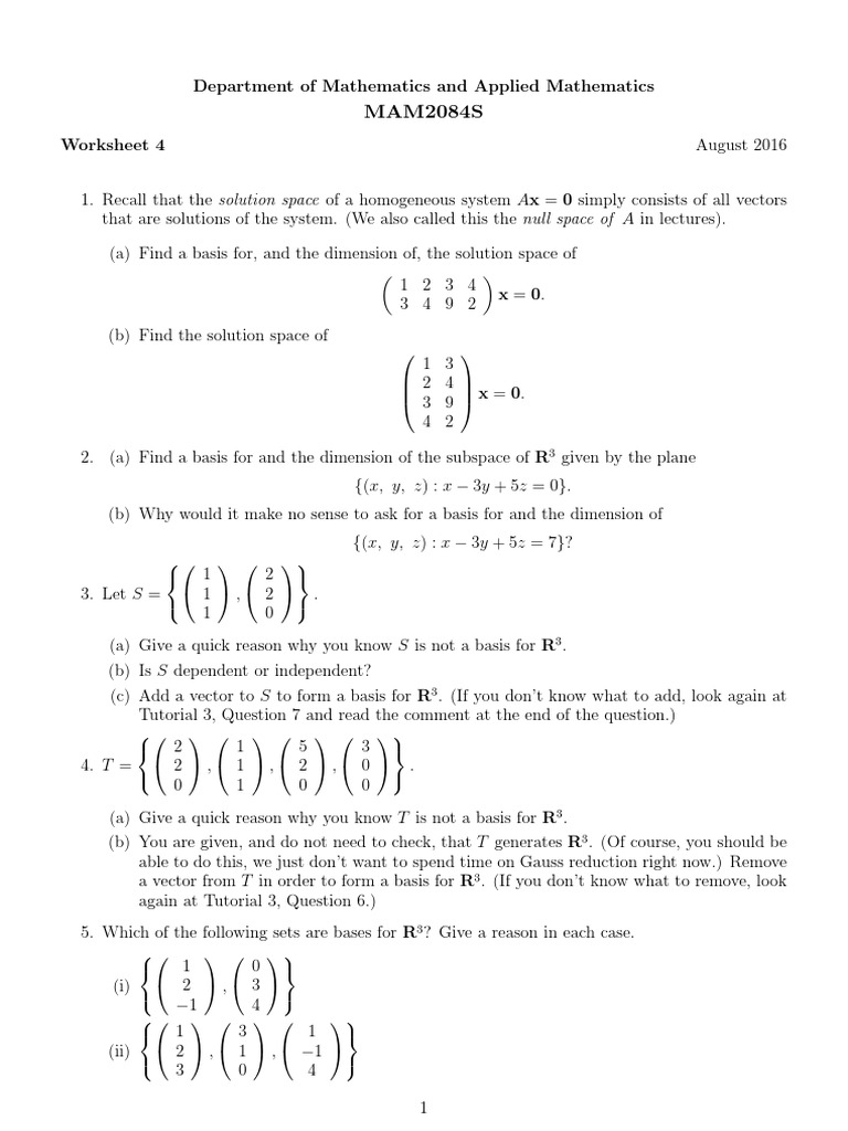MAM2084S - Tutorial 04 2016 | PDF | Basis (Linear Algebra) | Determinant