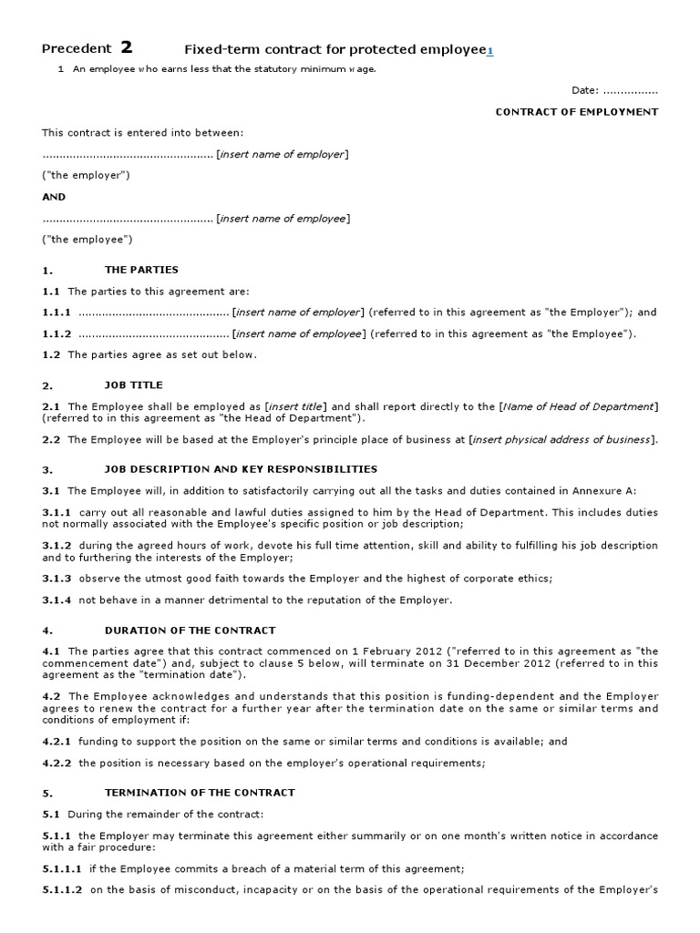 Precedent 2 Fixed Term Contract For Protected Employee1 Pdf