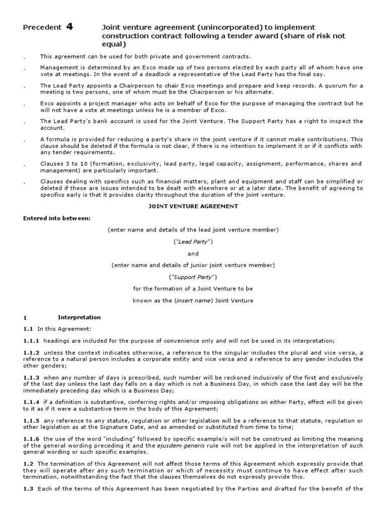 Precedent 4 Joint Venture Agreement (Unincorporated) To Implement ...