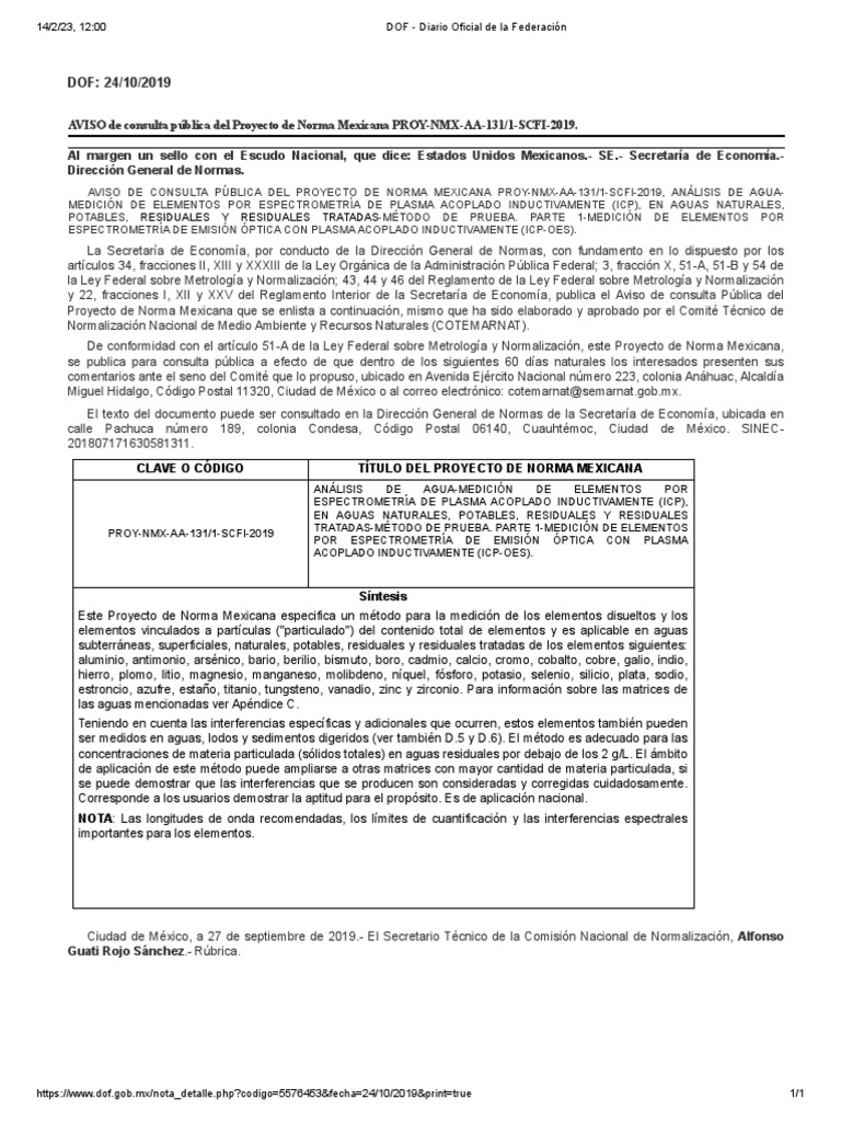 DOF - Diario Oficial de La Federación PROYECTO DE NORAM NMX-AA-131-SCFI ...