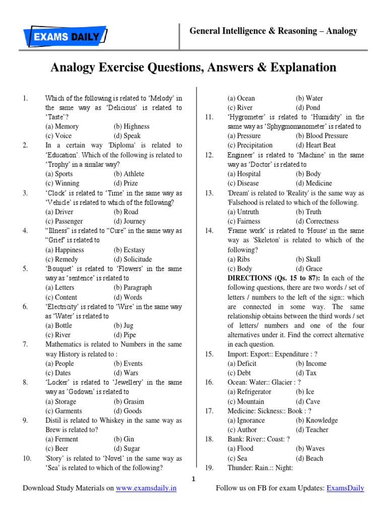 Reasoning Analogy Questions Answers and Explanation | PDF