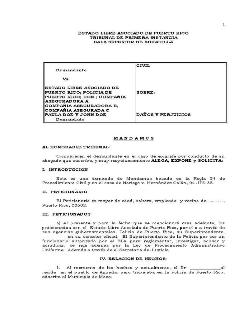 Demanda de Mandamus en Puerto Rico | PDF | Queja | Judicaturas