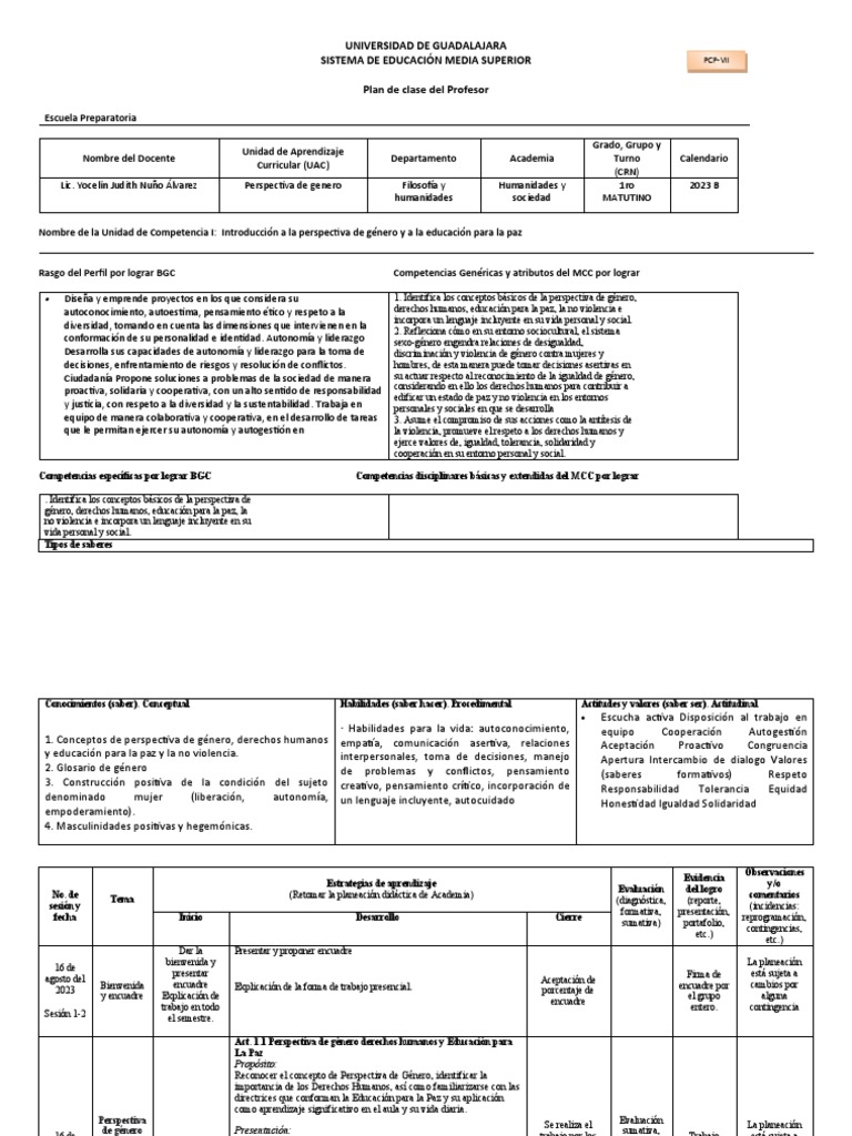 Plan Clase Perspectiva de Gènero 2023b Yocelin | PDF | Estudios de ...