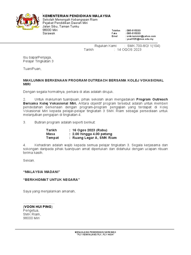 Surat Makluman Program Outreach | PDF