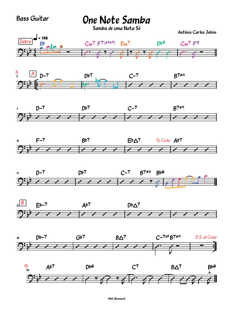 One Note Samba Arrangment - Bass Guitar | PDF