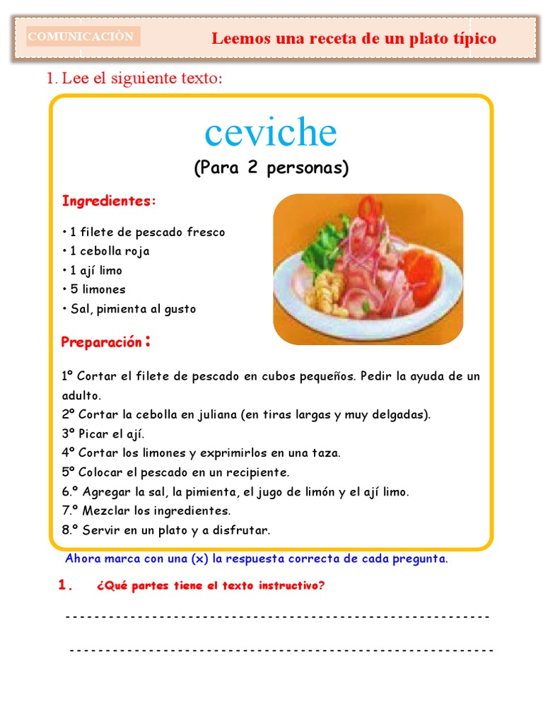 D4 A1 FICHA COM. Leemos Una Receta de Un Plato Típico | PDF | Cocina de ...