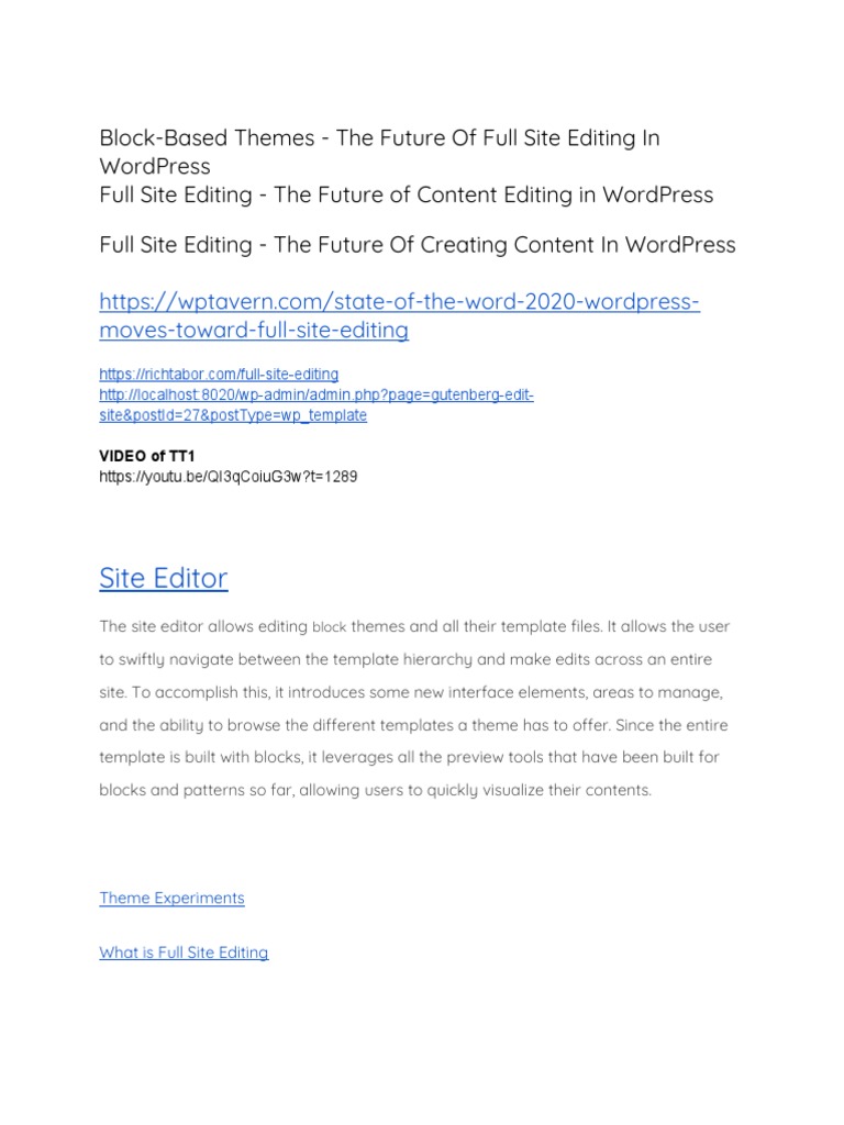Full Site Editing in WordPress | PDF | Word Press | System Software