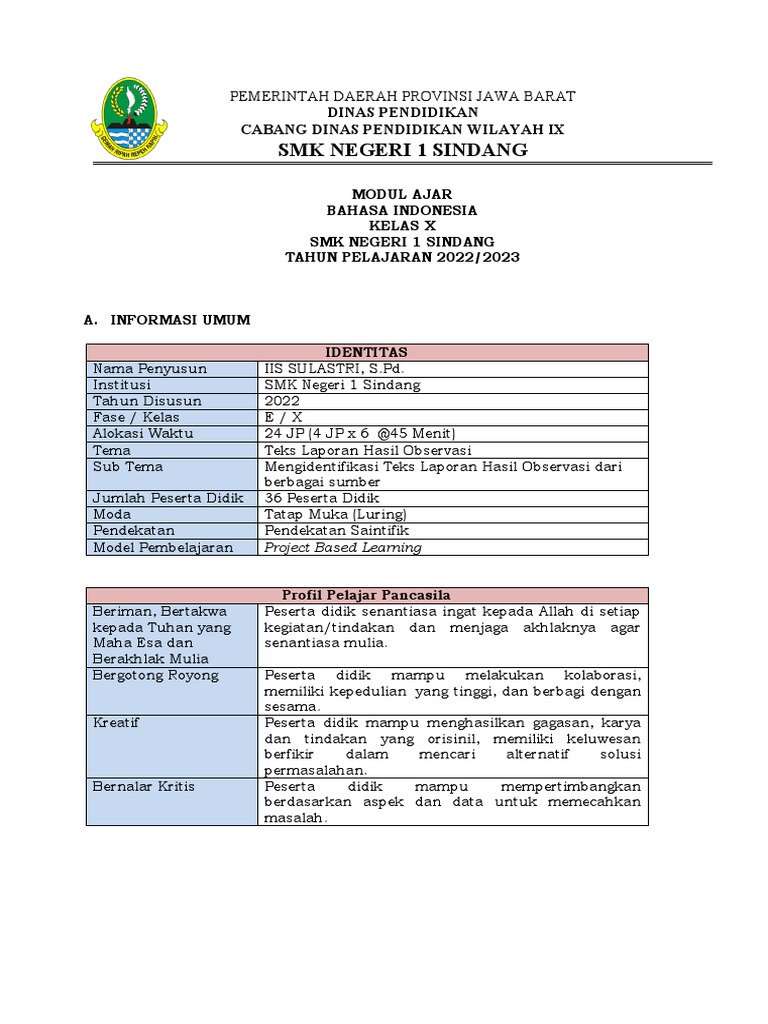 Modul Ajar Teks Laporan Hasil Observasi | PDF