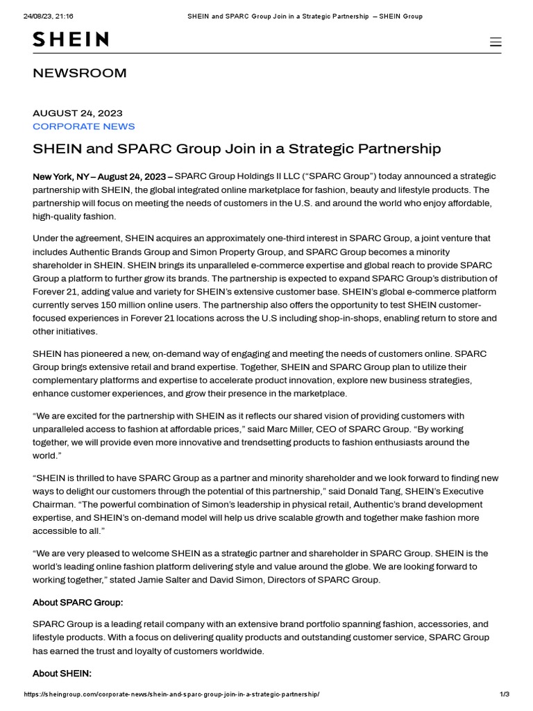 SHEIN and SPARC Group Strategic Alliance | PDF | Brand | Fashion