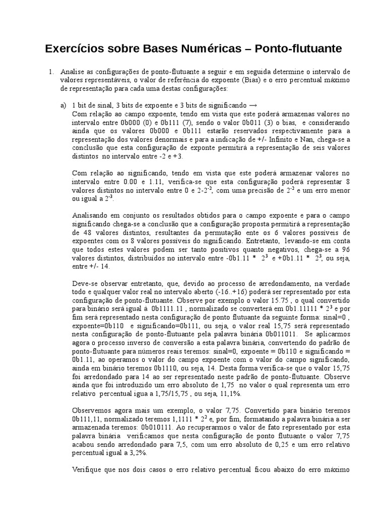 Exercícios Sobre Ponto Flutuante | PDF | Métodos e Materiais de Ensino | Computadores