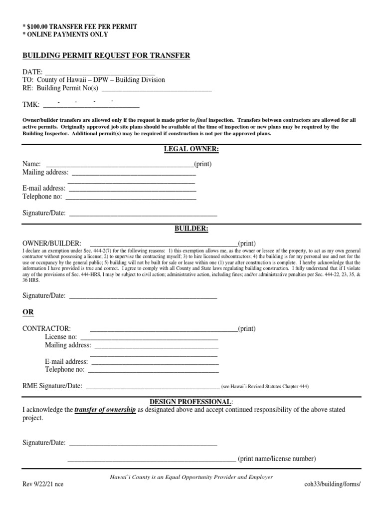 Hawaii County Building Permit Request for Transfer | PDF