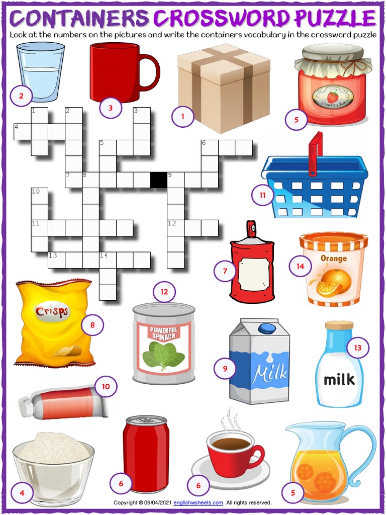 containers vocabulary esl crossword puzzle worksheet for kids | PDF
