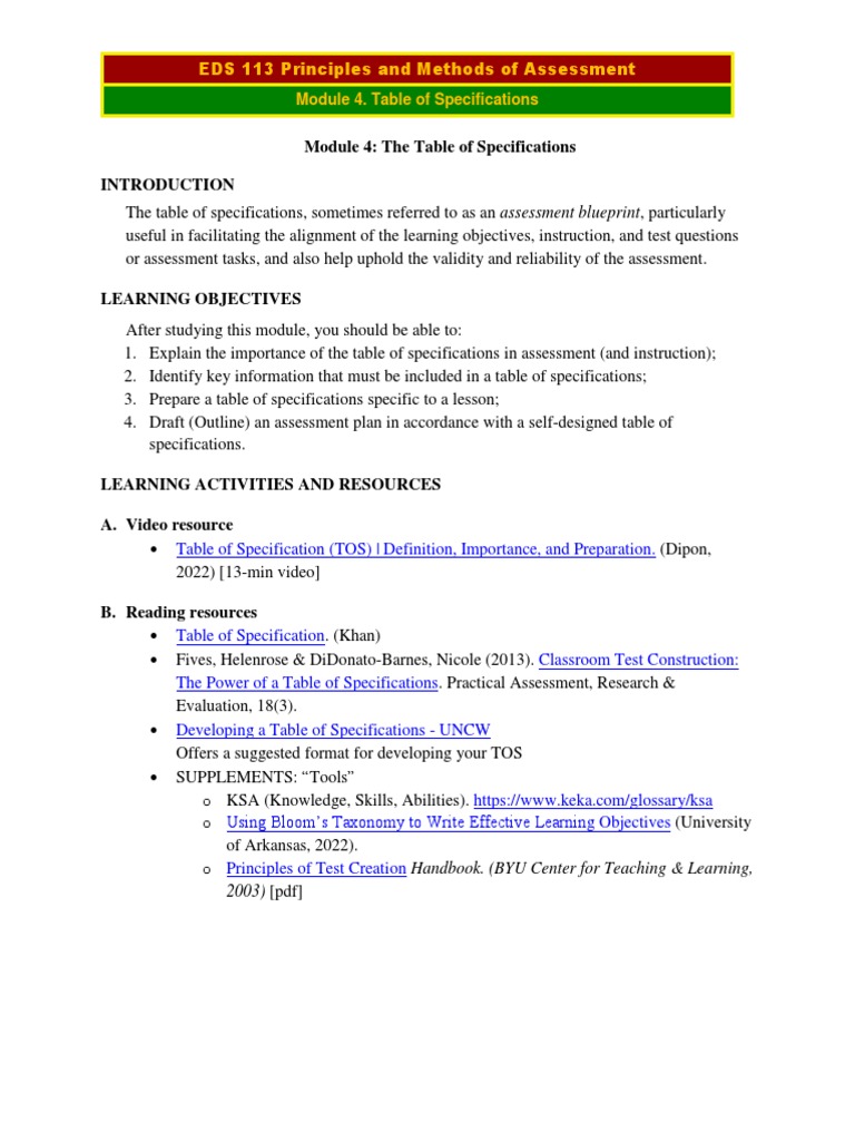 4 The Table of Specifications | PDF | Educational Assessment | Learning