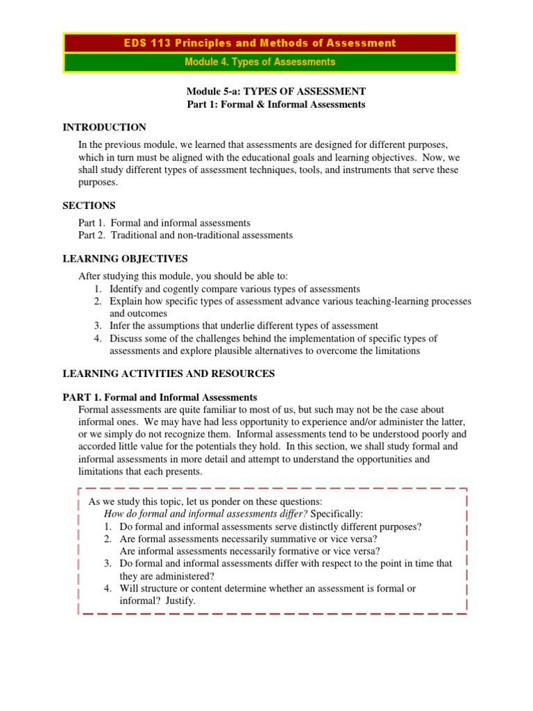 Formal vs. Informal Assessments Guide | PDF | Educational Assessment ...